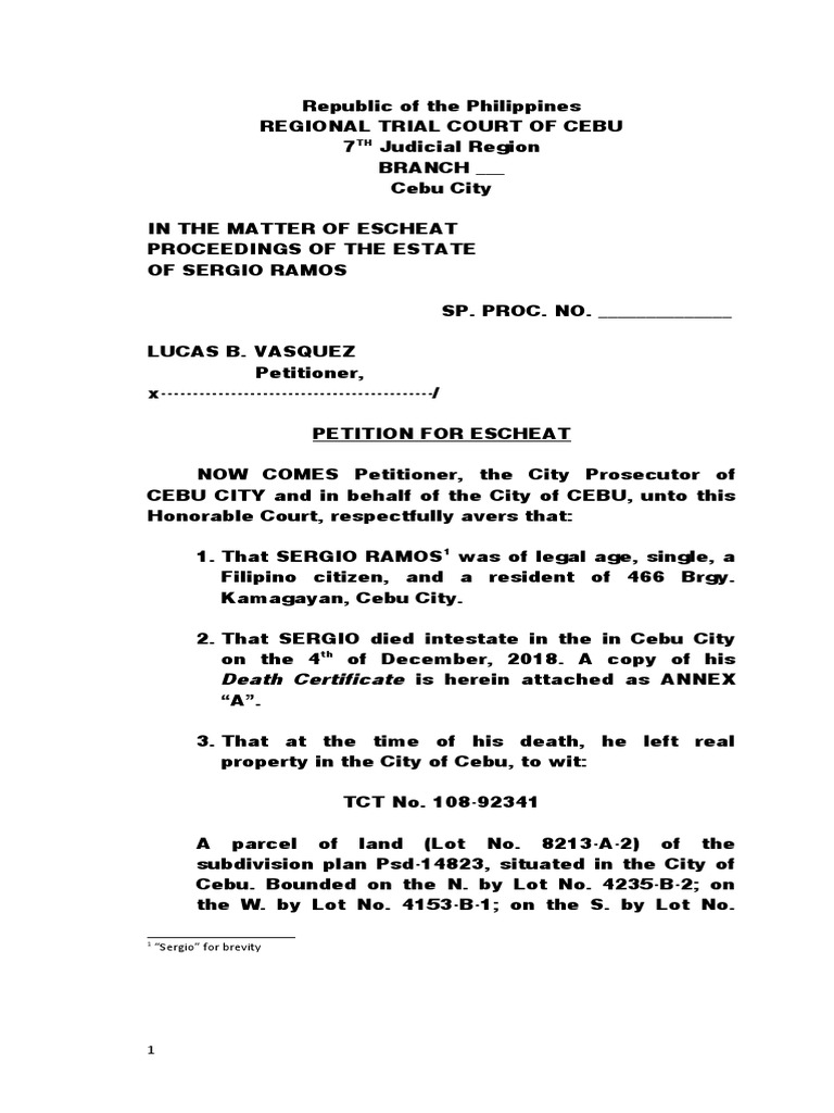 Sample Petition For Escheat | PDF | Public Law | Government Information