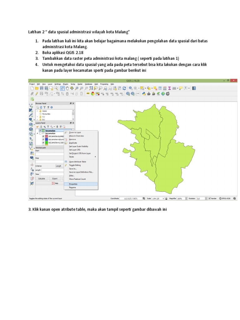 Latihan 2 Mengolah Data Spasial Peta Administrasi Kota Malang | PDF