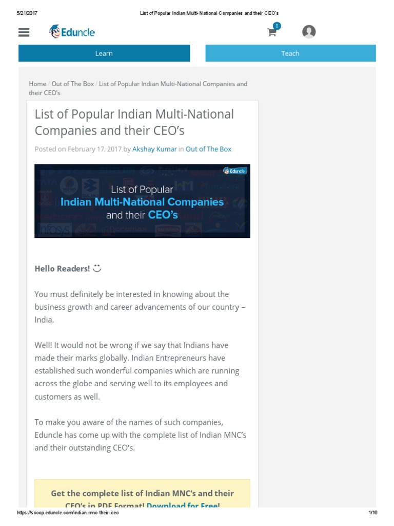 Popular Indian MNCs and CEOs | PDF | Multinational Corporation ...