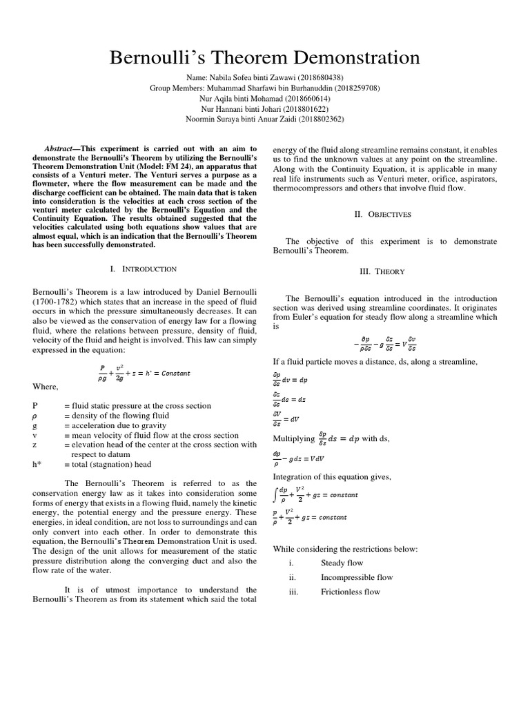 Bernoulli's Theorem Demonstration PDF | PDF | Fluid Dynamics | Flow ...