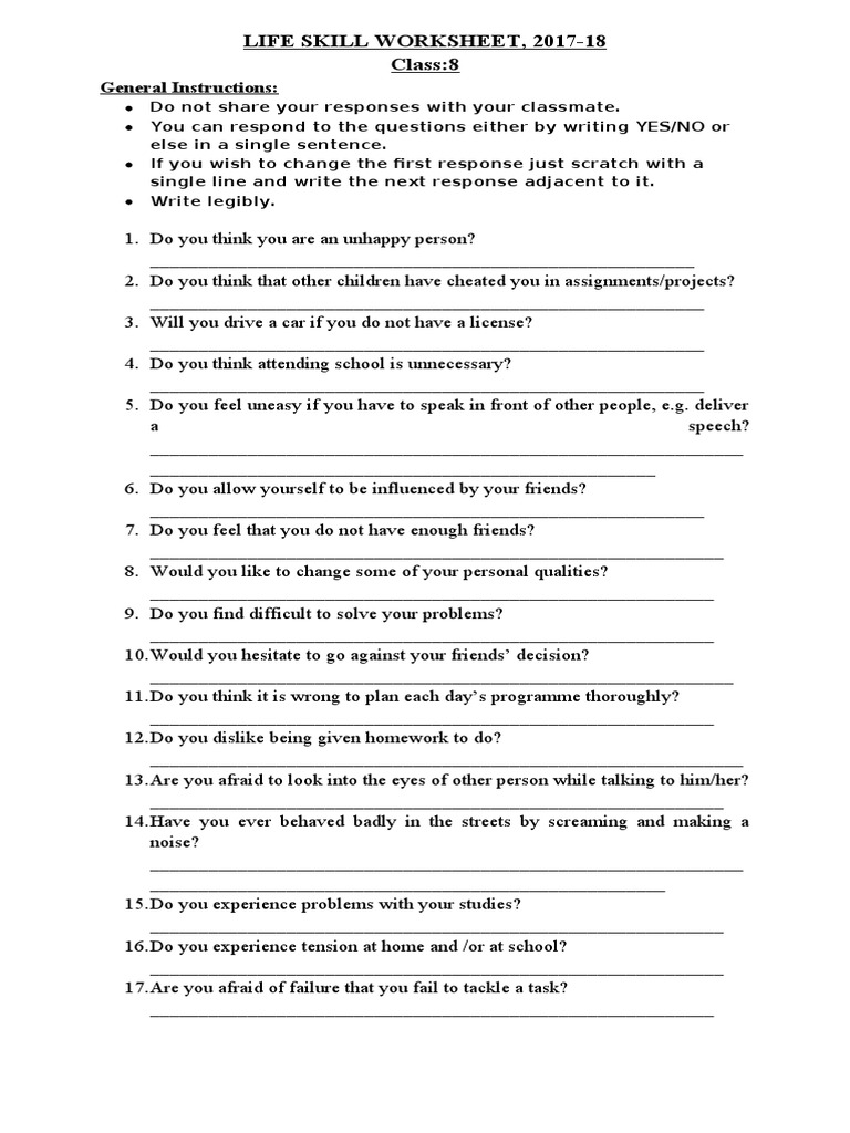 Life Skills Class 8 Worksheet | PDF | Learning | Behavioural Sciences