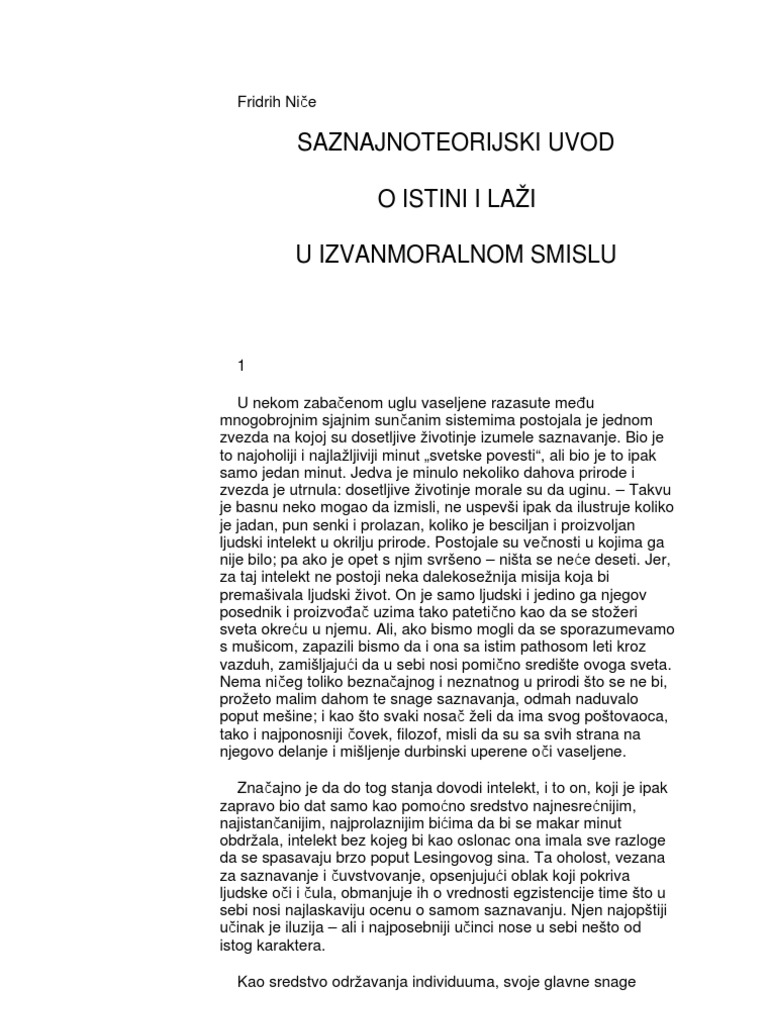 Nietzsche - O Istini I Laži U Moralnom Smislu | PDF