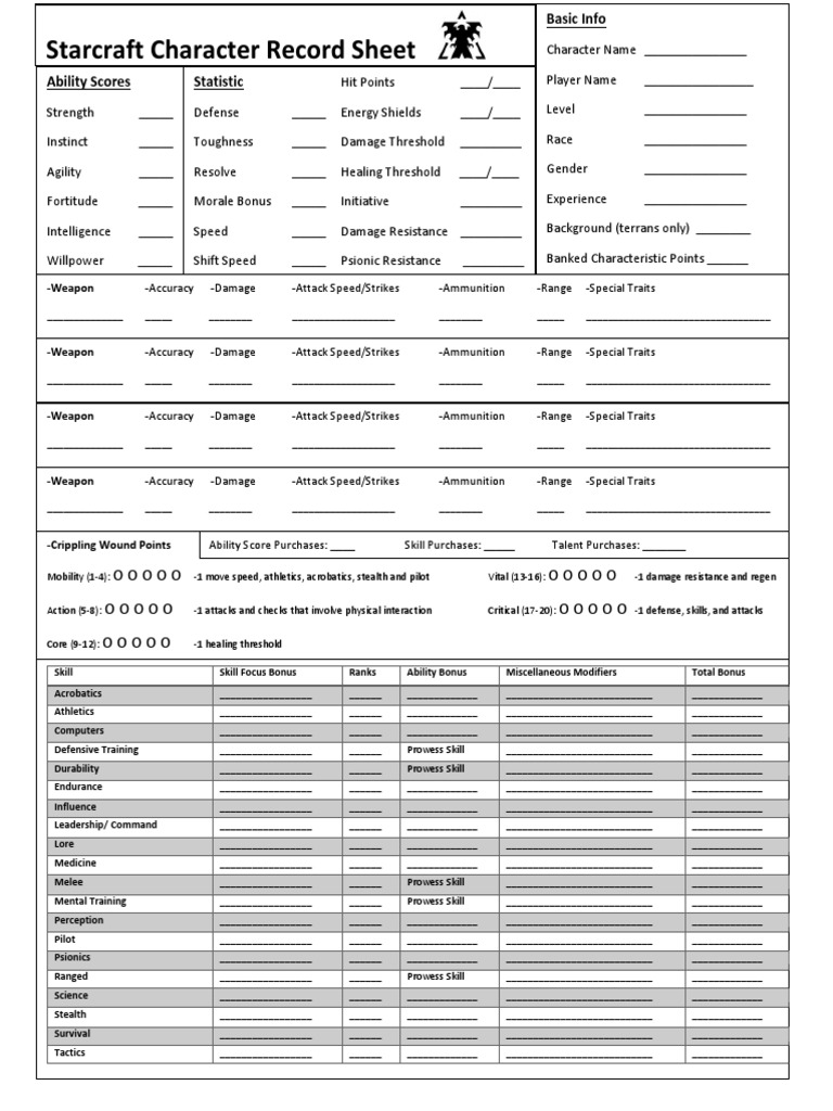 StarCraft Roleplaying Game Character Sheet | PDF | Role Playing Games ...