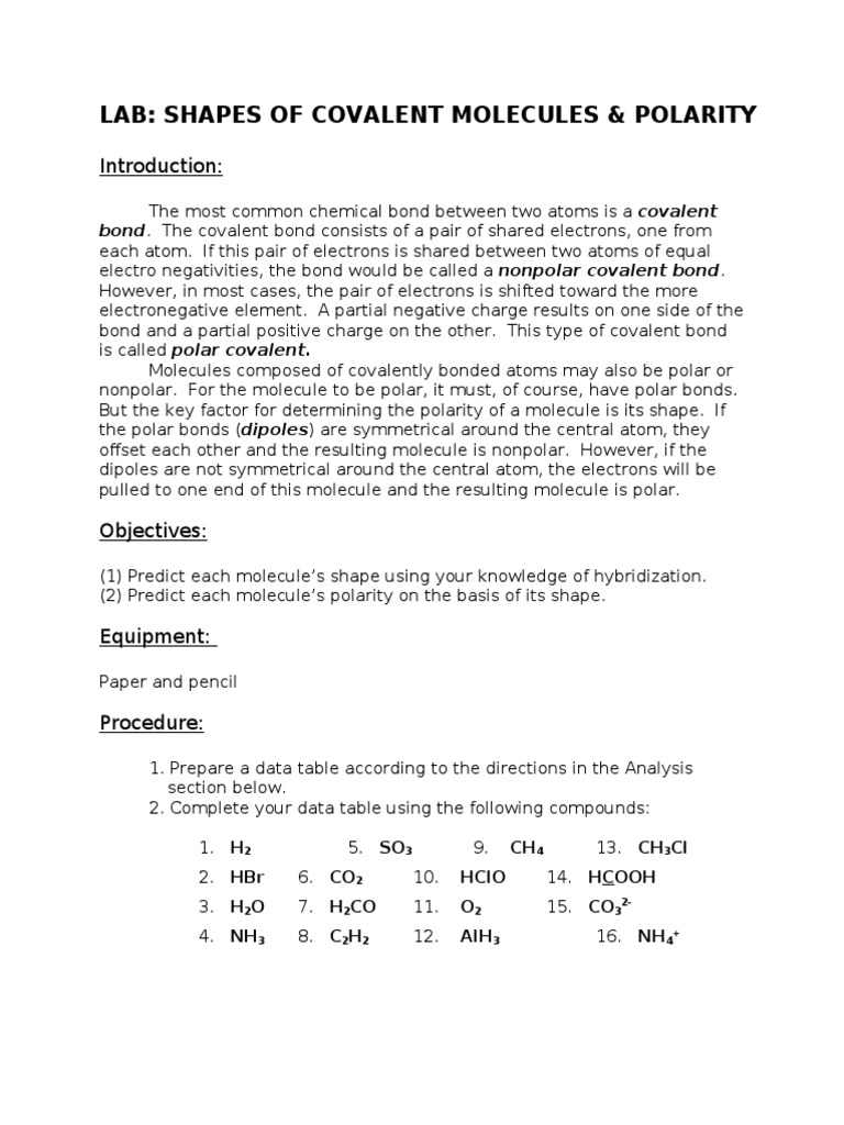 Shapes of Covalent Molecules and Polarity LAB1 | PDF | Chemical ...