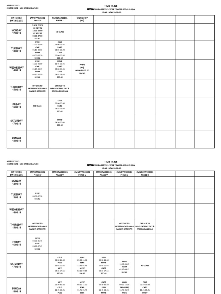 Click Here For Time Table of Fiitjee Tower, Sec-62, Noida PDF | PDF