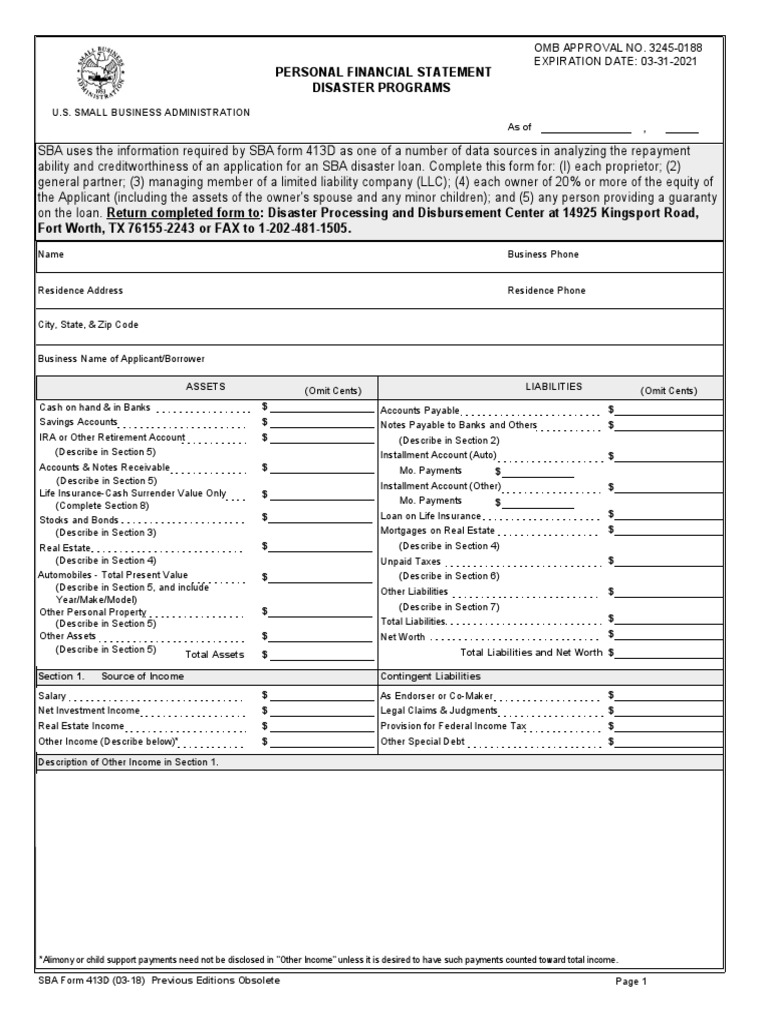 Personal Financial Statement (SBA Form 413D) | PDF | Mortgage Loan ...