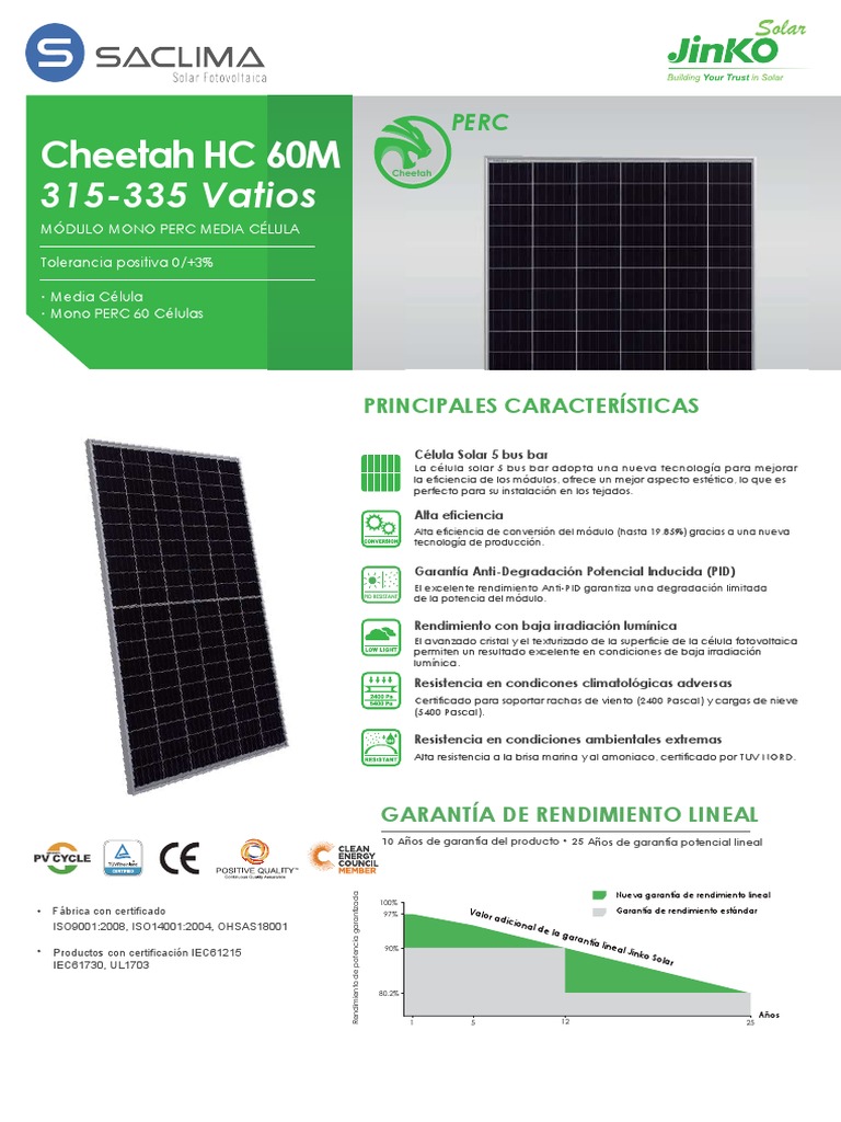 Ficha Técnica Cheetah PERC HC 60M 315 335W | PDF | Célula solar ...