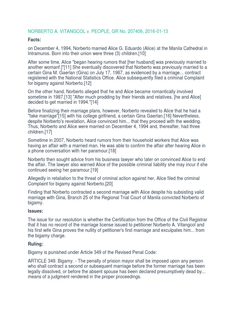 NORBERTO A. VITANGCOL v. PEOPLE | PDF | Marriage License | Marriage