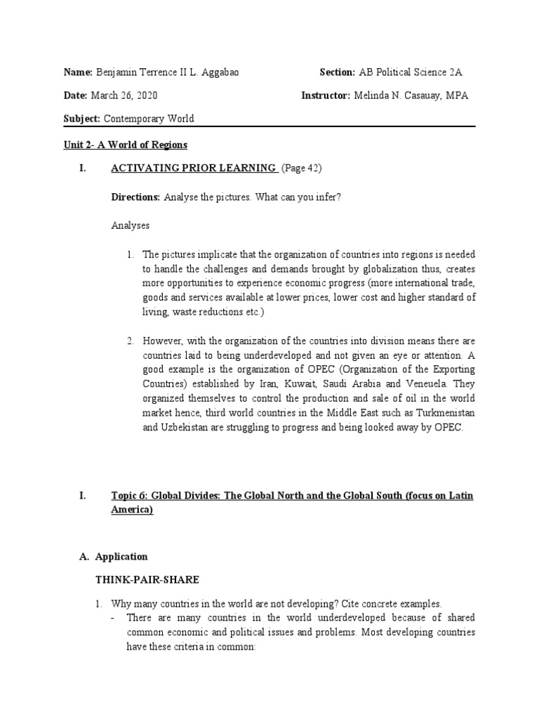Worksheet From Contemporary World | PDF | North–South Divide | Opec