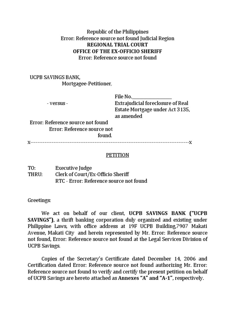 Petition For Extrajudicial Foreclosure (Template) | PDF | Mortgage Law | Loans