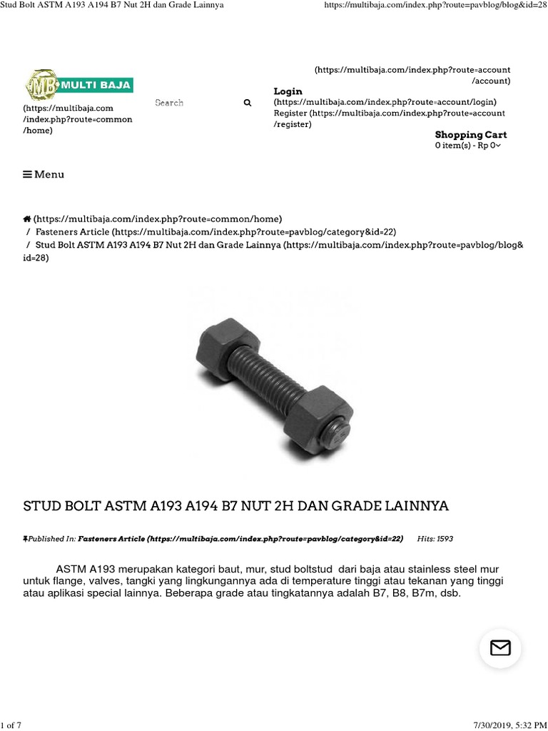 Stud Bolt ASTM A193 A194 B7 Nut 2H Dan Grade Lainnya PDF | PDF