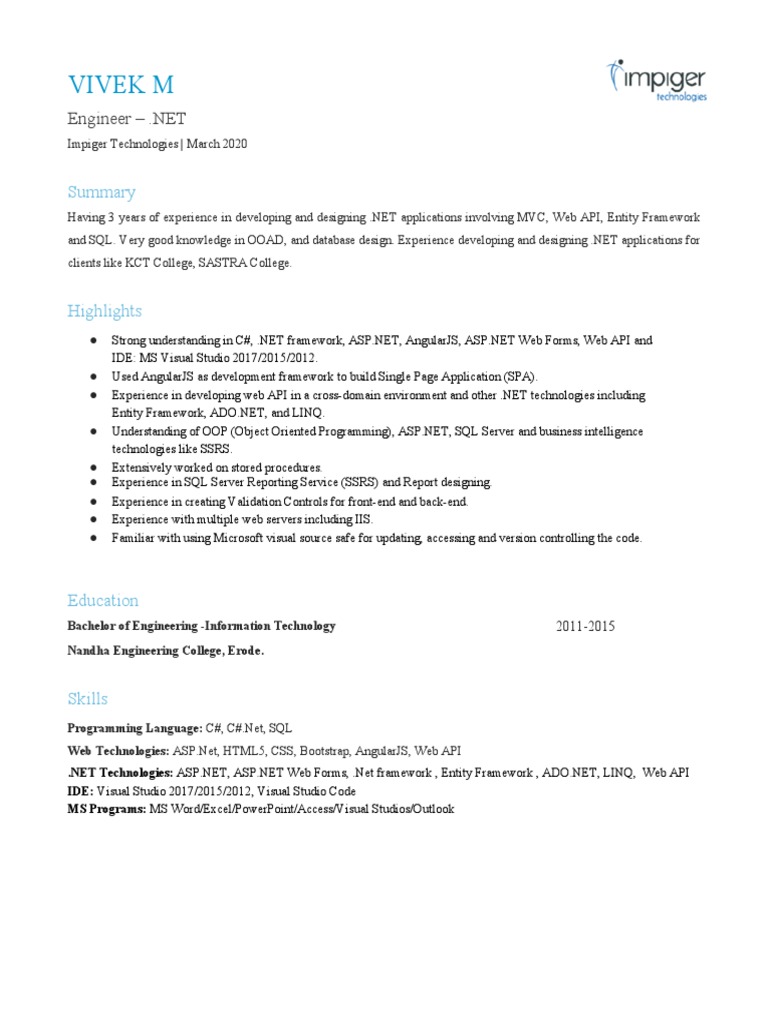 Impiger Profile-Vivek M | PDF | Entity Framework | Angular Js
