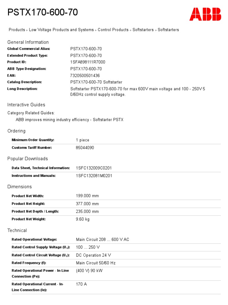ABB - 1SFA898111R7000 pstx170 600 70 Softstarter - Datasheet PDF | PDF | Power Supply | Relay