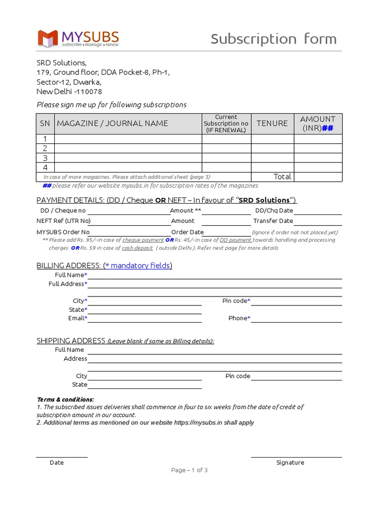 MYSUBS Subscription Form PDF | PDF | Cheque | Subscription Business Model