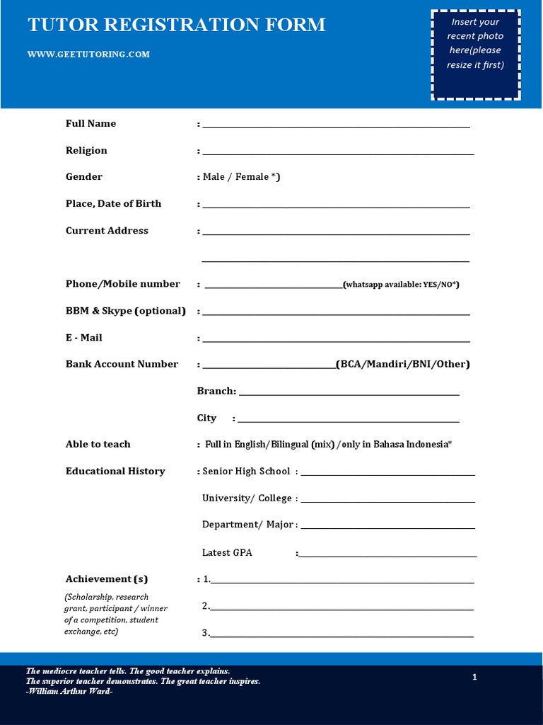 Tutor Registration Form Template | PDF | Tutor | Teachers