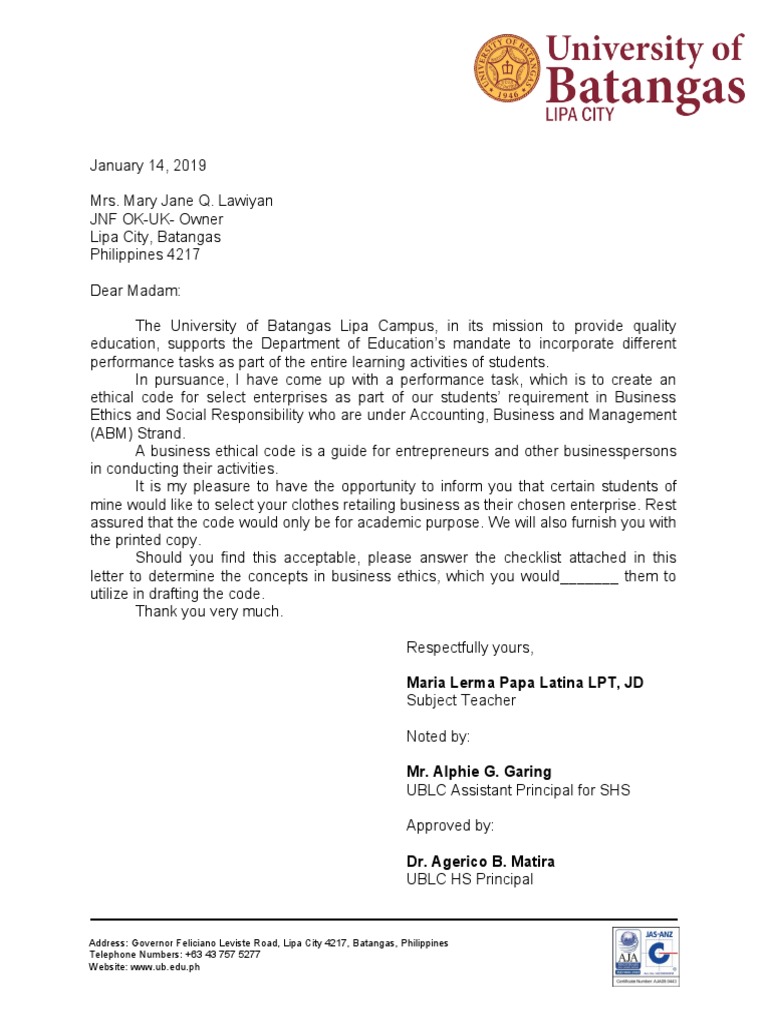 Business Ethics Cover Letter | PDF | Cognition | Social Institutions