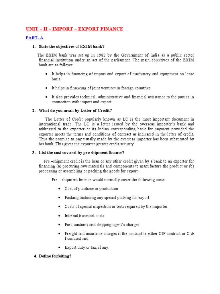 Unit - Ii - Import - Export Finance: 1. State The Objectives of EXIM ...