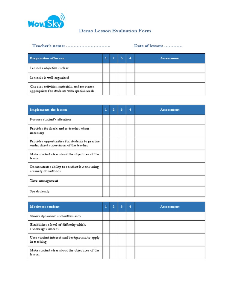 Demo Lesson Evaluation Form | PDF