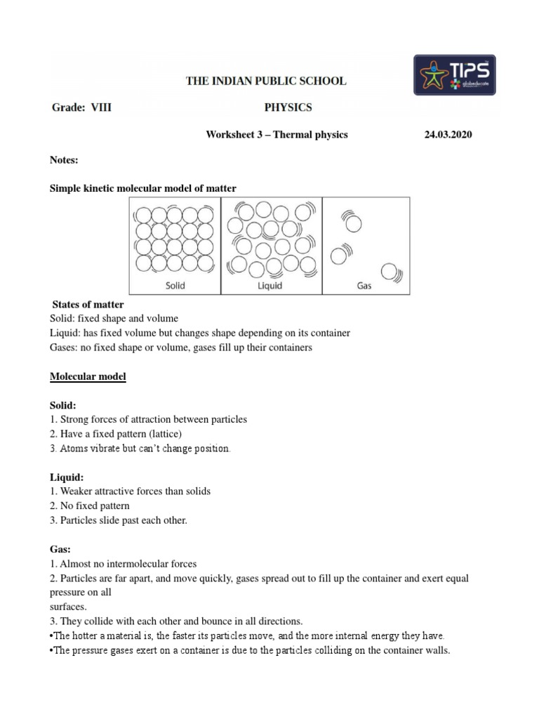 Thermal Physics Worksheet for Grade 8 | PDF | Gases | Liquids