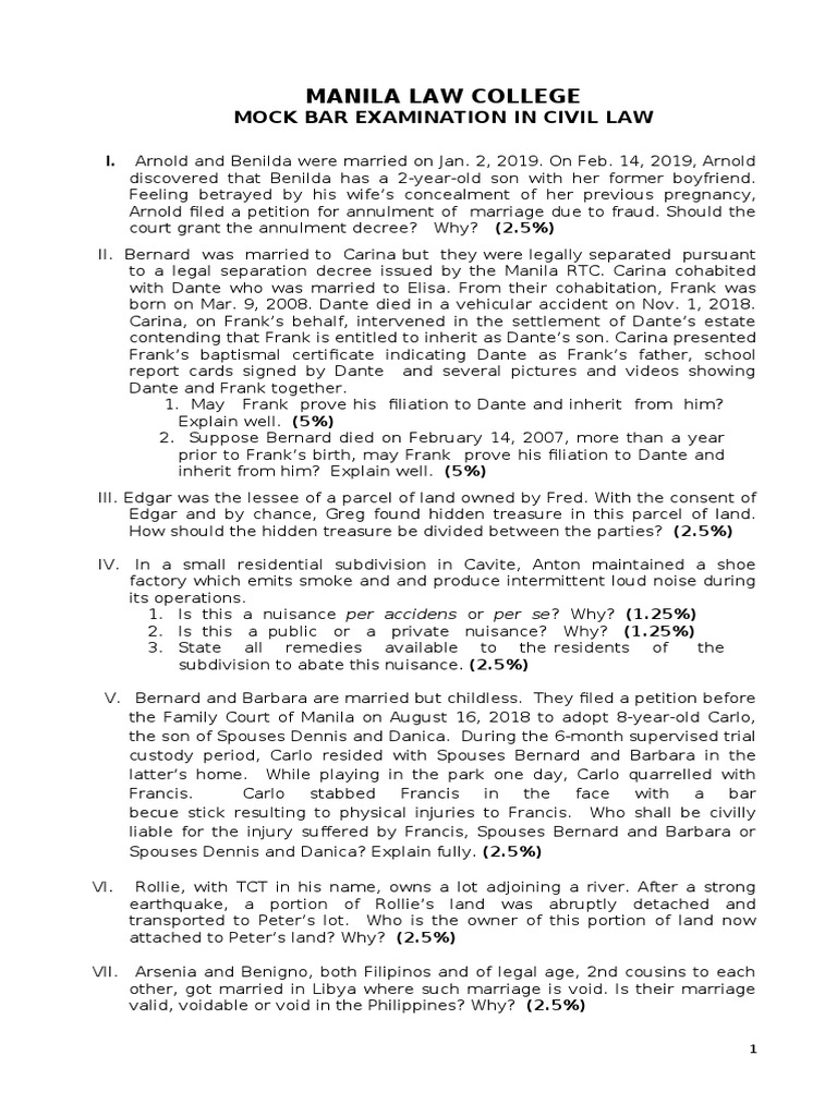 Civil Law Mock Bar Questionnaire | PDF | Lease | Promissory Note