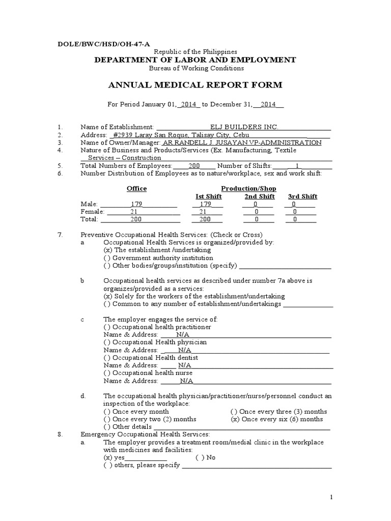 DOLE Annual Medical Report Form | PDF | Physical Examination ...