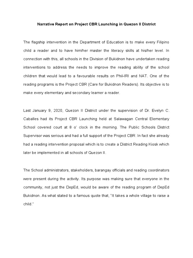 Narrative Report On Project CBR Launching in Quezon II District | PDF ...