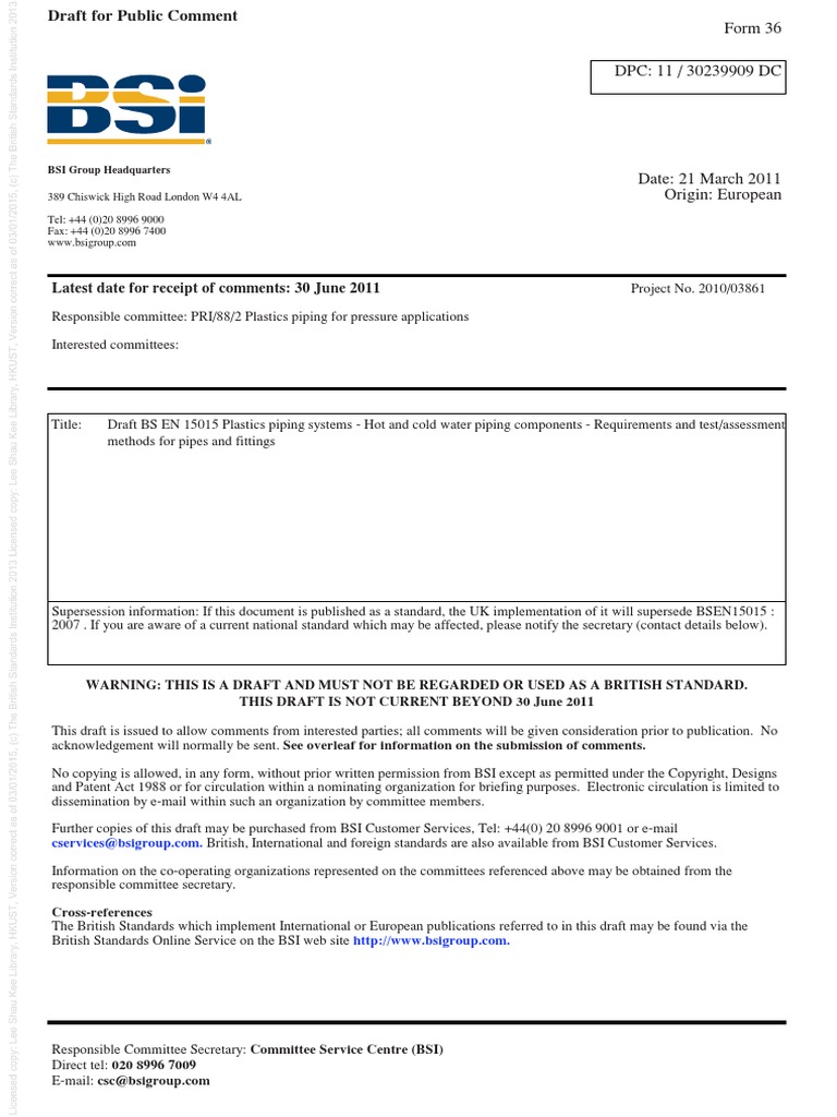 (BS EN 15015) - Plastics Piping Systems. Hot and Cold Water Piping ...