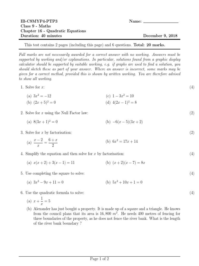 2018 12 06 - IB Class 9 - Maths Chapter 16 Quadratic Equations PDF ...