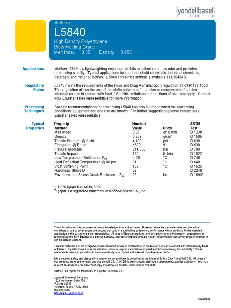 Alathon L5840 | PDF | Polyethylene | Materials