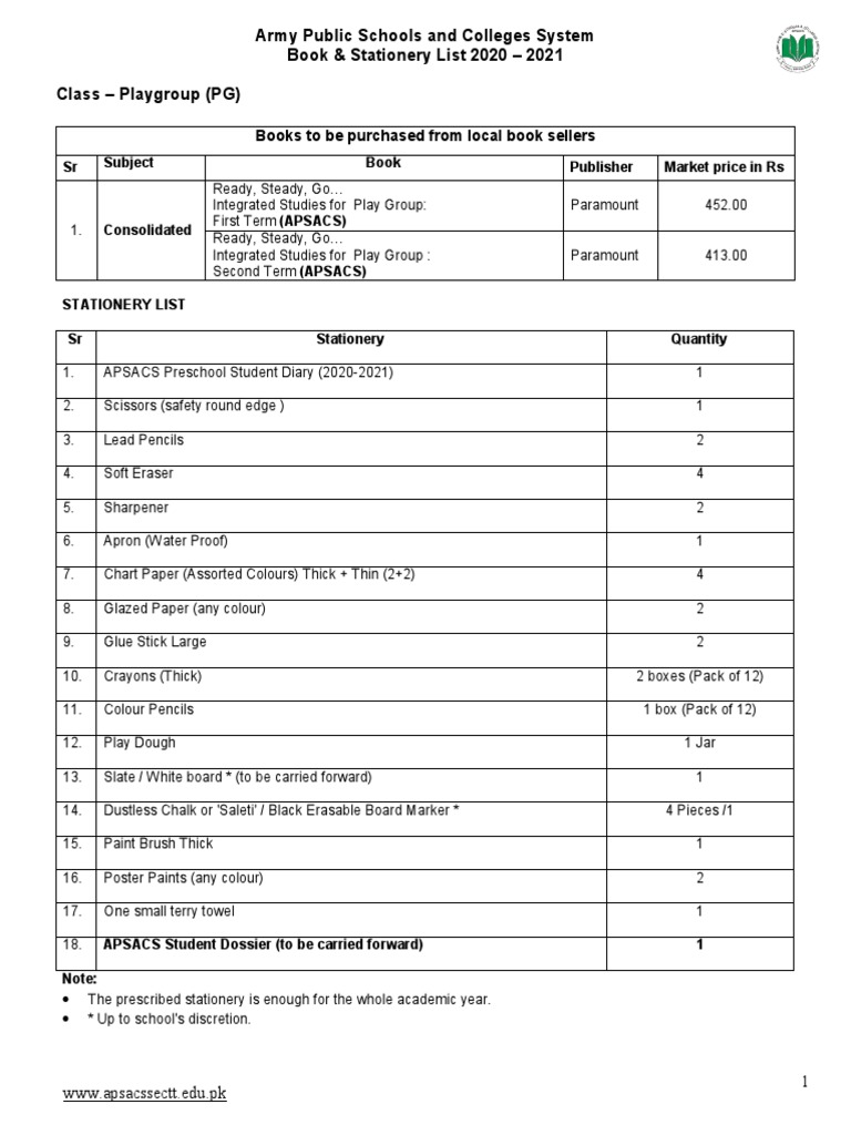 APS Book & Stationery List 2020-21 | PDF | Notebook | Oxford University ...