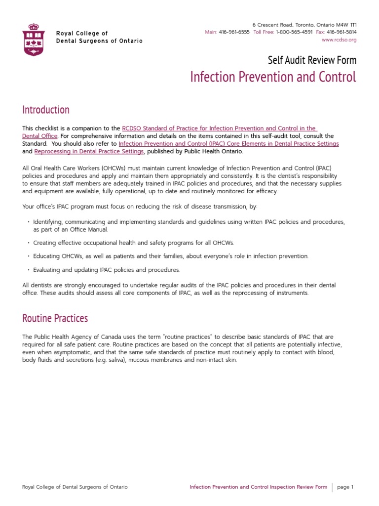 Rcdso Ipac Selfaudit Form | PDF | Infection Control | Injection (Medicine)