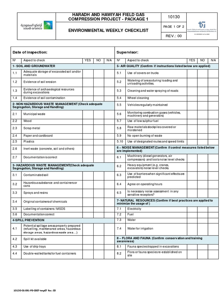 Environmental Weekly Checklist PDF | PDF