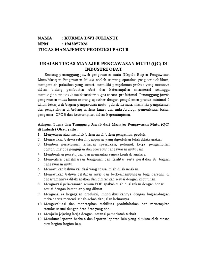 TUGAS 4 MANAJEMEN PRODUKSI KURNIA DJ - Uraian Tugas Manajer Pengawasan Mutu Di Industri Obat | PDF