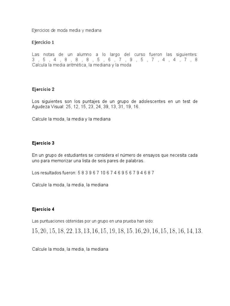 Ejercicios de Moda Media y Mediana (2)