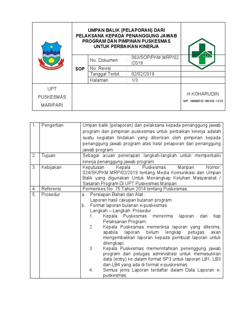 2.3.9.3 Sop Umpan Balik Pelaporan Dari Pelaksana Kepada PJ Program Dan Pimpinan PKM Untuk ...