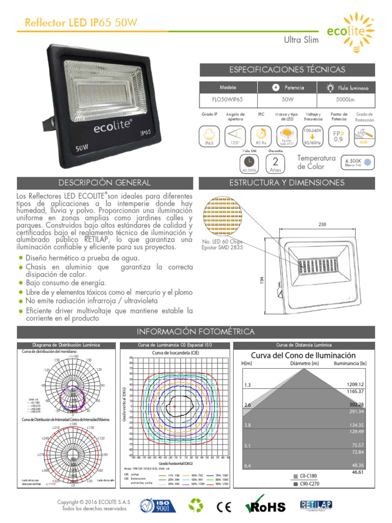 Ficha Tecnica Reflector Led 50watts PDF | PDF | Diodo emisor de luz | Radiación electromagnética