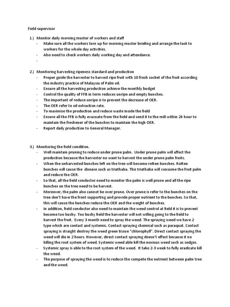 Field Supervisor Job Overview | PDF | Palm Oil | Weed