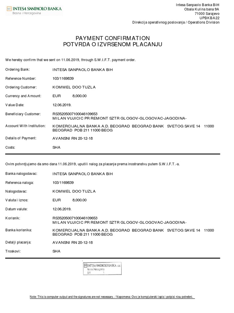 Intesa Sanpaolo Payment Confirmation | PDF | Banking | Financial Services
