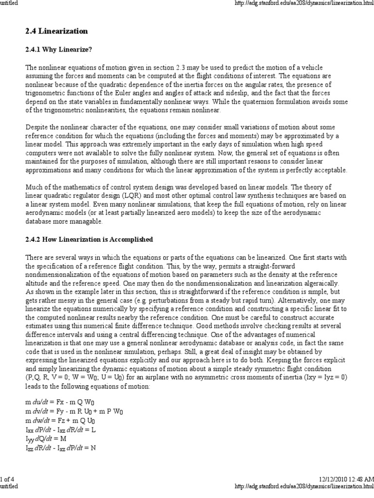 Linearization of Nonlinear Equations of Motion for Aircraft Dynamics Modeling and Control System ...