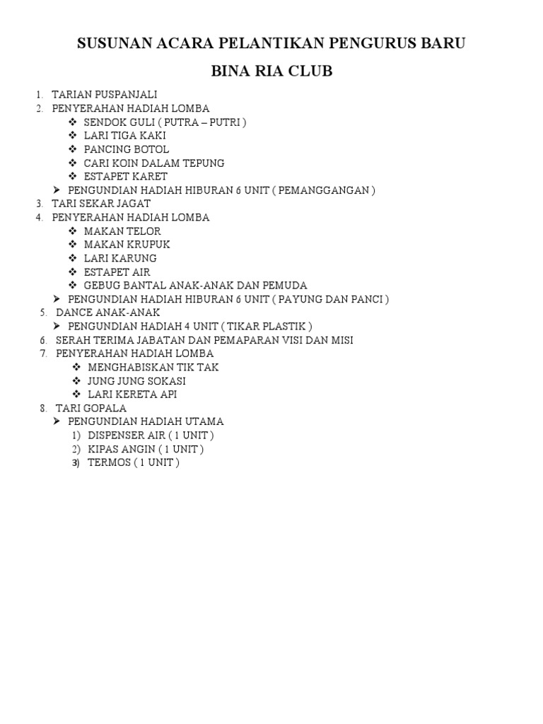 Susunan Acara Pelantikan Pengurus Baru | PDF