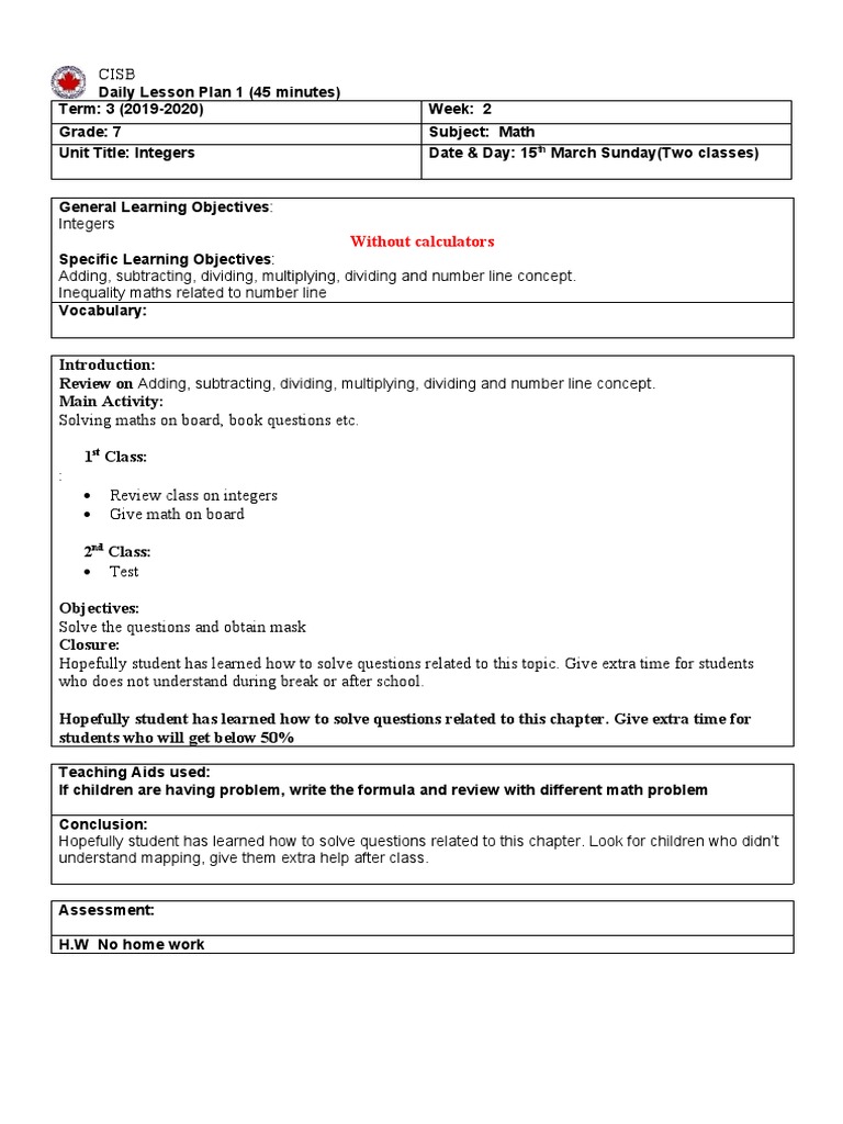 CISB Daily Math Lesson on Integers for Grade 7 | PDF | Lesson Plan ...