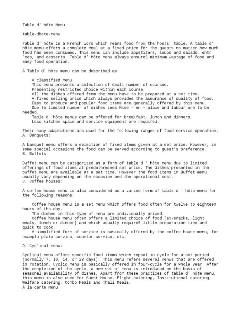 Types of Menu | PDF | Menu | Lunch