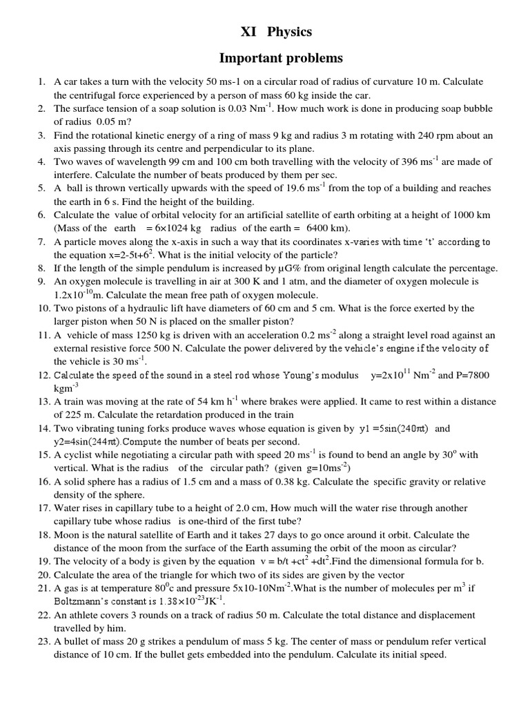 XI Physics Important Problems | PDF | Velocity | Orbit