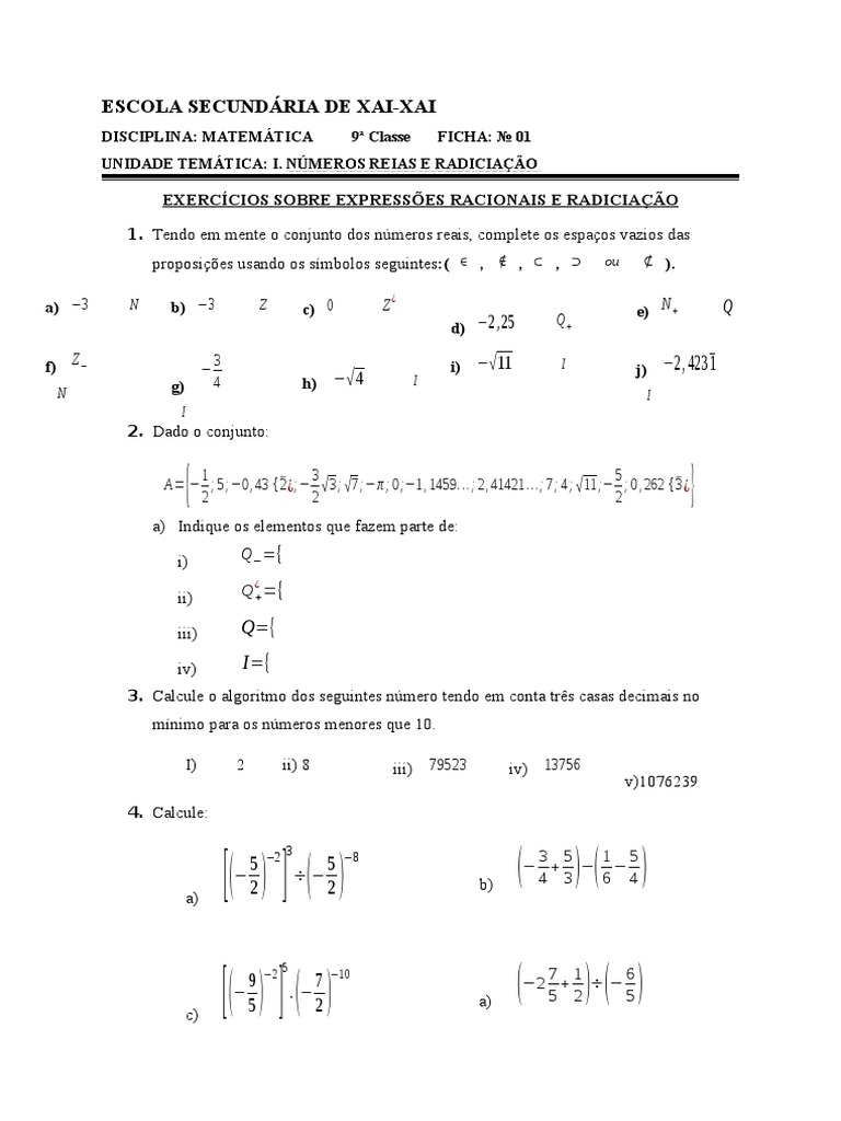 Ficha de Exercicio 9 Classe 2020 | PDF | Conceitos matemáticos | Ensino ...