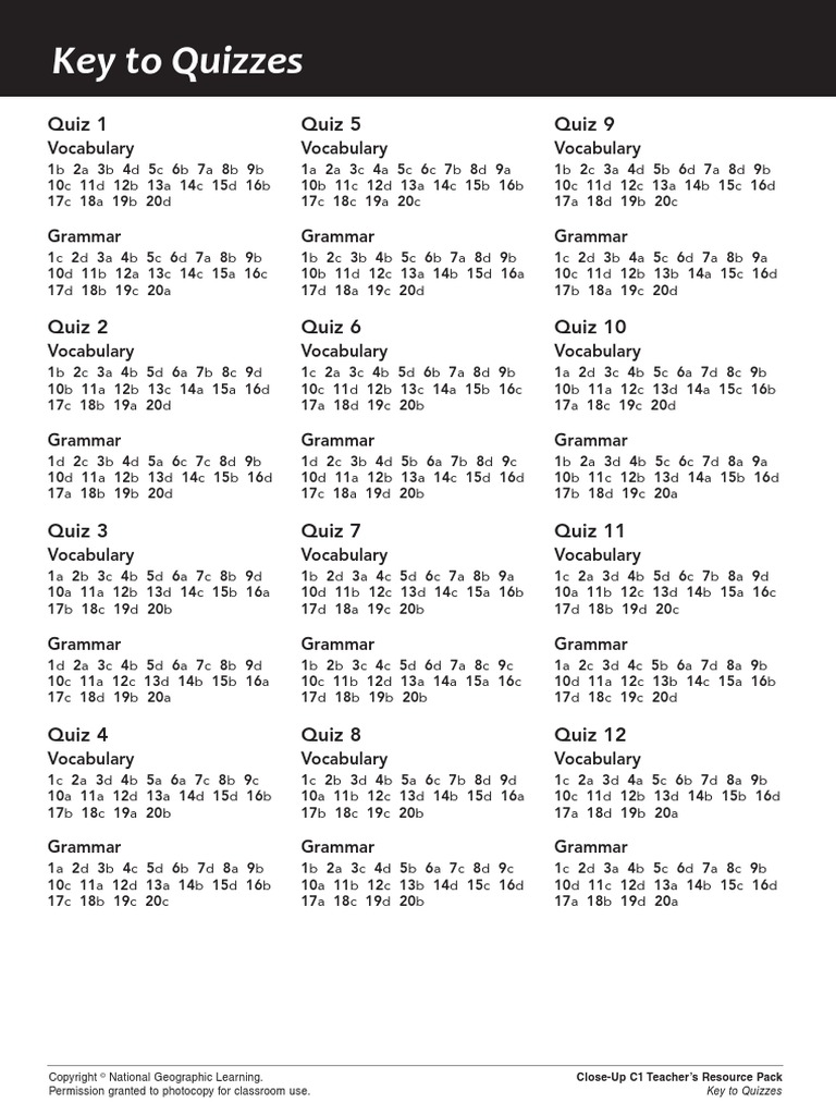 Close Up c1 Quizzes Key | PDF | Evaluation Methods | Educational Materials