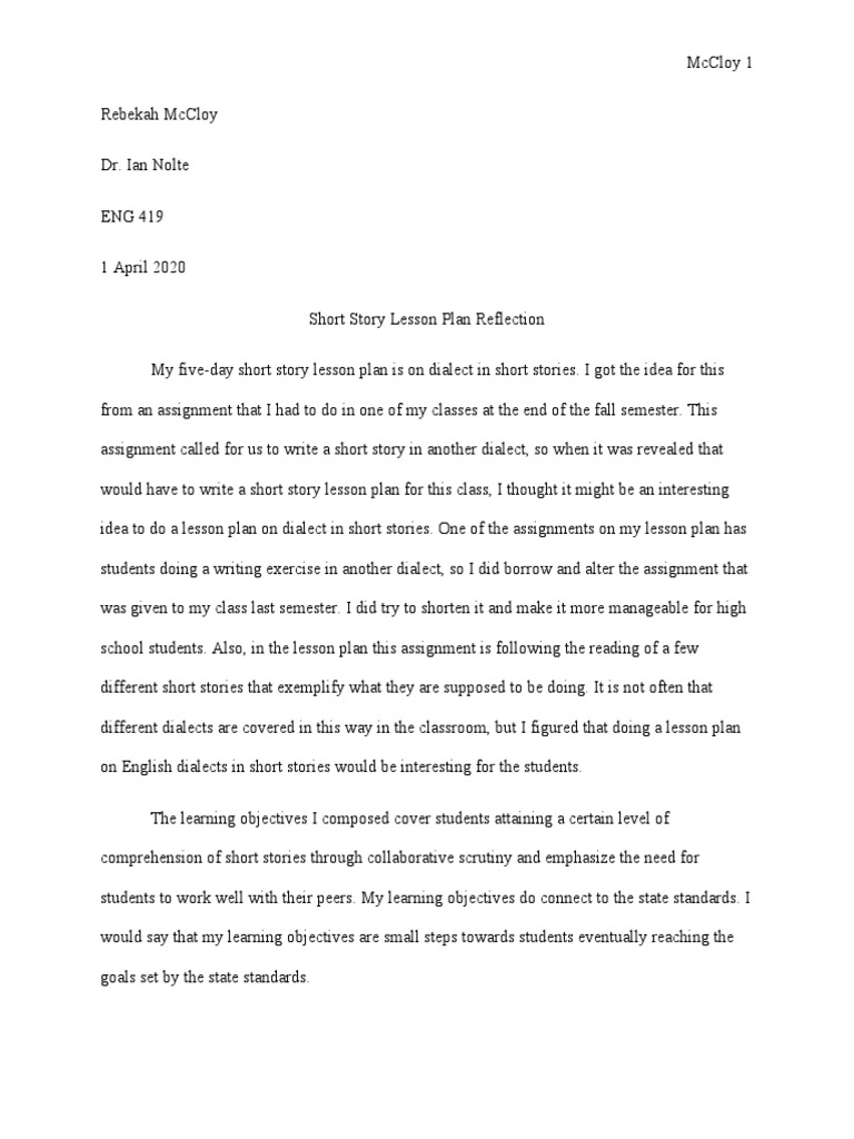 Short Story Lesson Plan Reflection | PDF | Lesson Plan | English Language