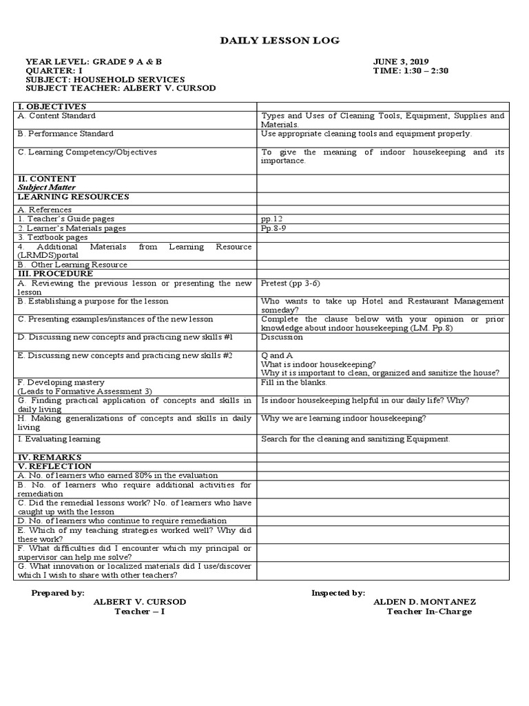 Daily Lesson Log Tle 7 Household Services | PDF | Teachers | Reading Comprehension