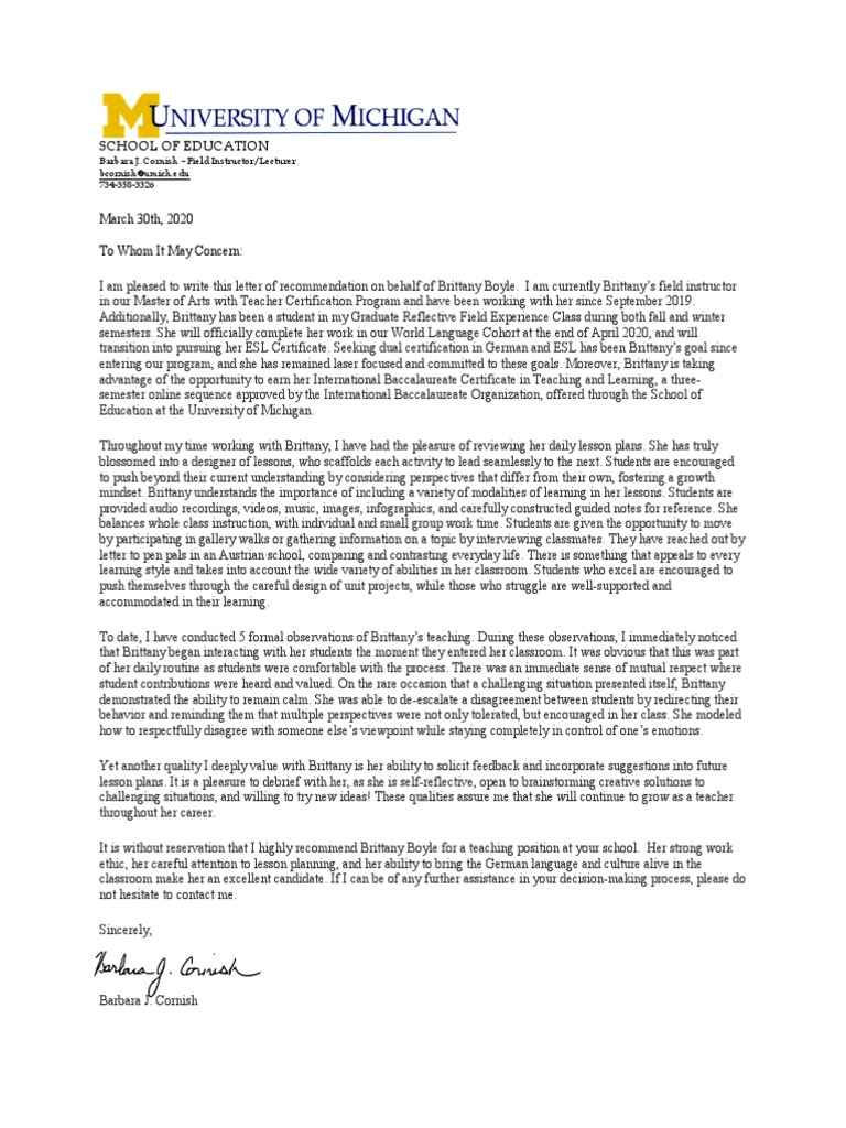 Brittany Boyle Letter of Recommendation | PDF | Teachers | Lesson Plan