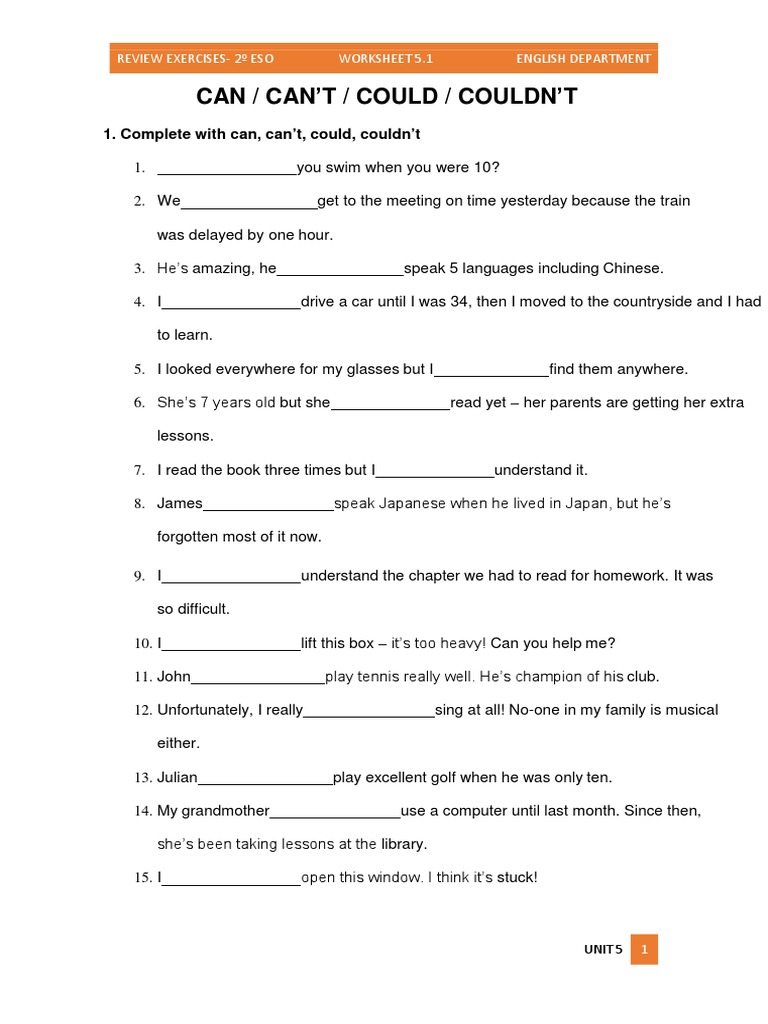 WORKSHEET 5.1 Can Cant Could Couldnt PDF | PDF