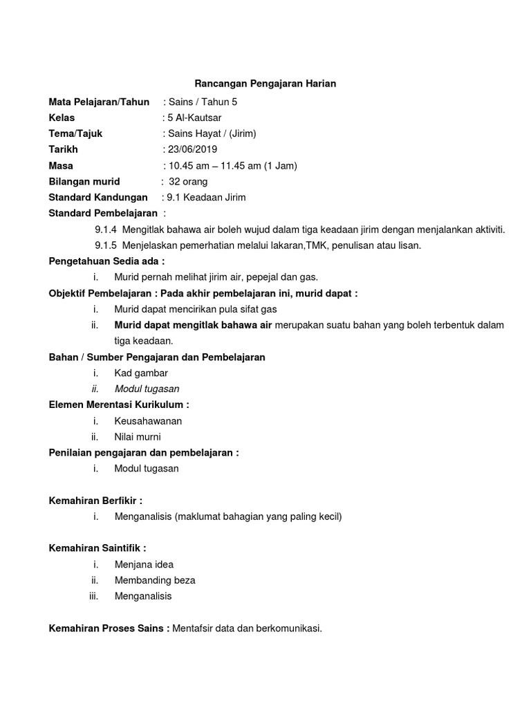 RPH Sains Tahun 5jirim | PDF